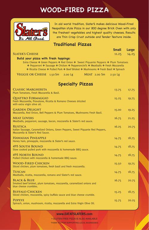 Slater's menu in Bolton, Massachusetts, USA