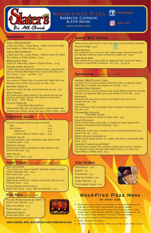 Slater's menu in Bolton, Massachusetts, USA