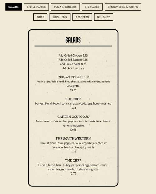 Upstate Bar and Grill menu in Cooperstown, New York, USA