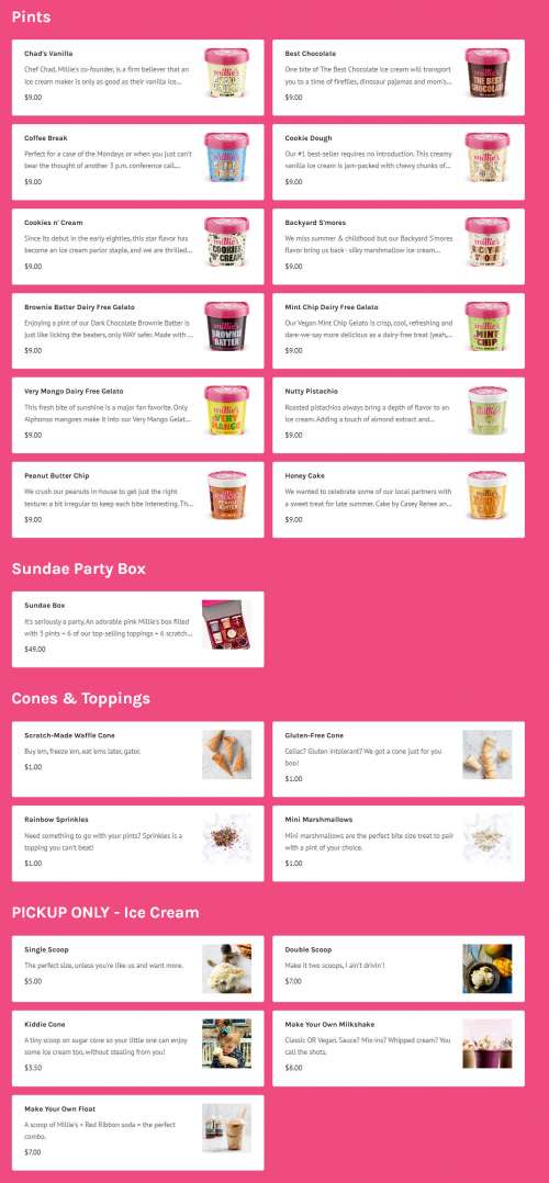 Millie's Homemade Ice Cream menu in Pittsburgh, Pennsylvania, USA