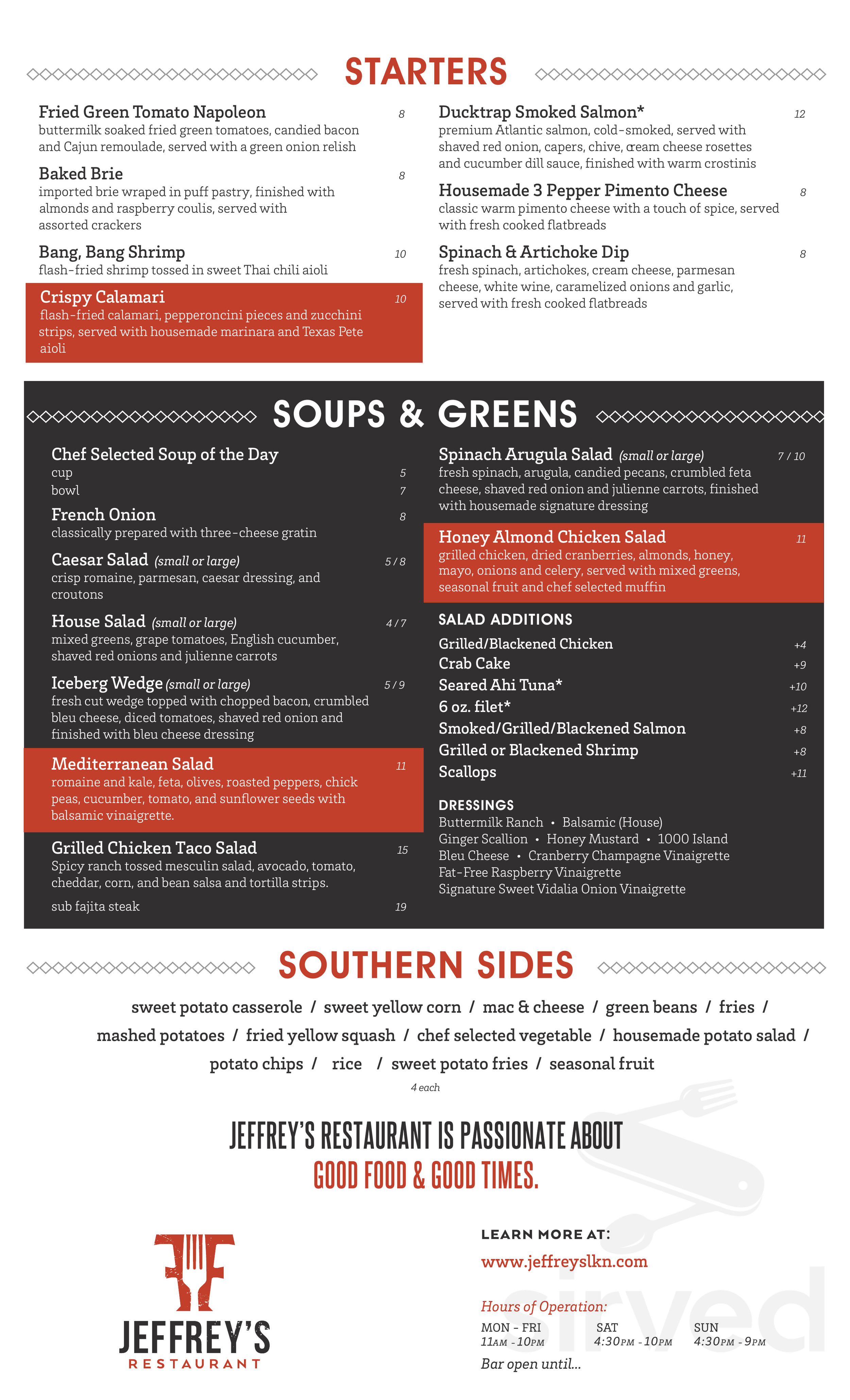 Jeffrey's Restaurant menu in Mooresville, North Carolina, USA
