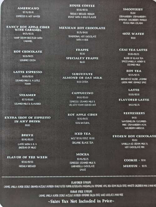 Mudslingers Drive Thru Coffee menu in Indianola, Iowa, USA