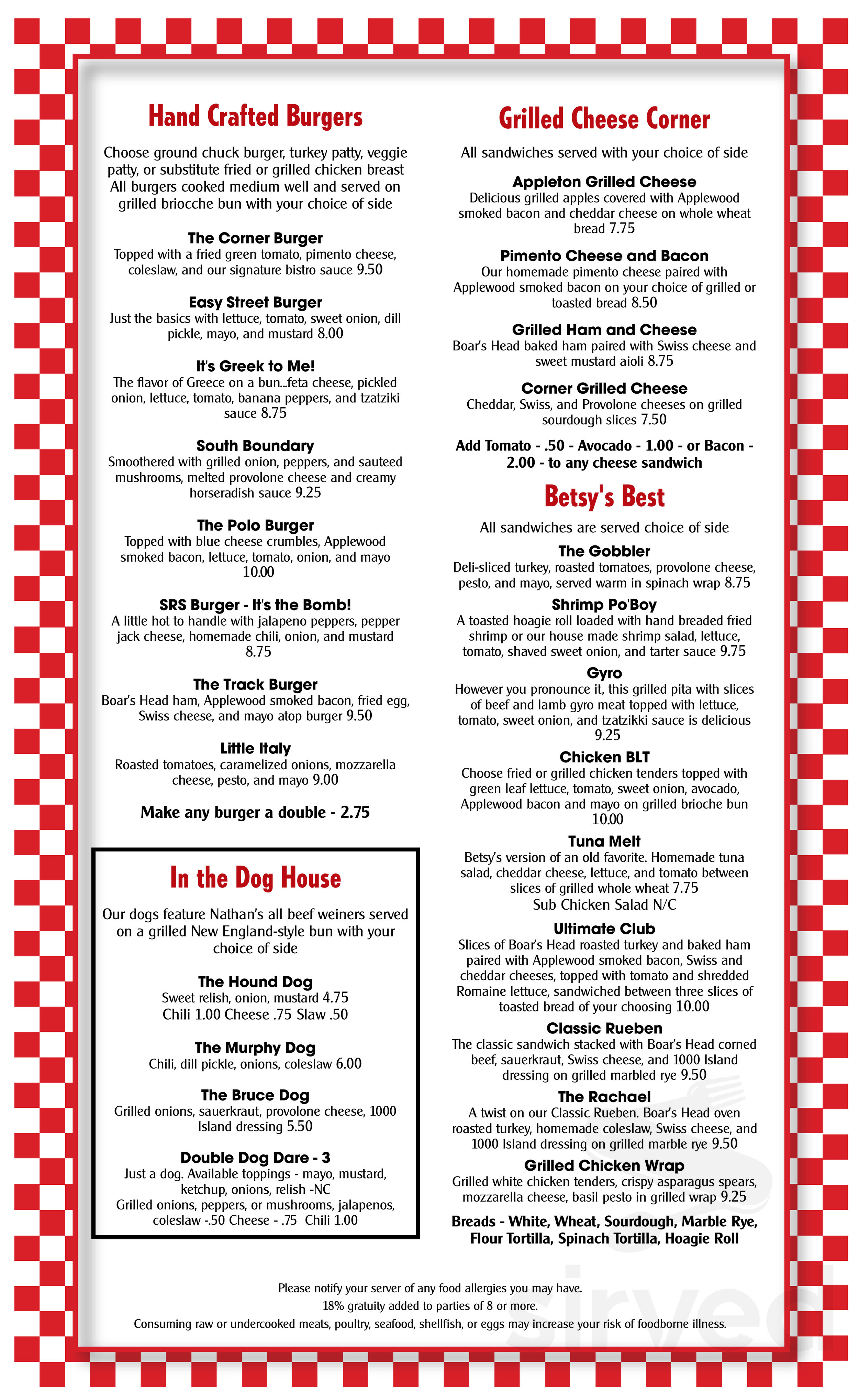 Betsy's Round the Corner menu in Aiken, South Carolina, USA