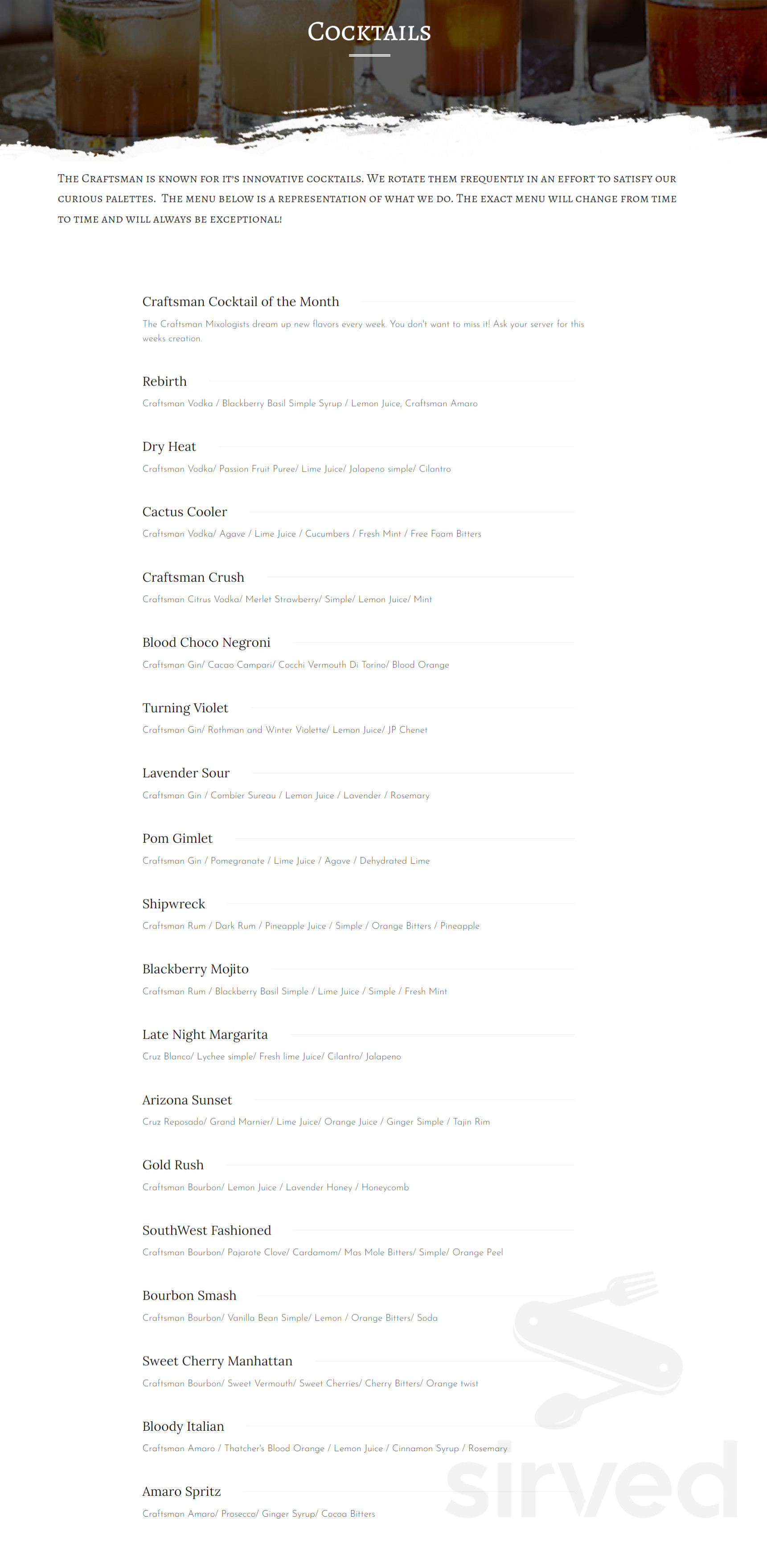 The Craftsman Cocktails + Kitchen menu in Scottsdale, Arizona, USA