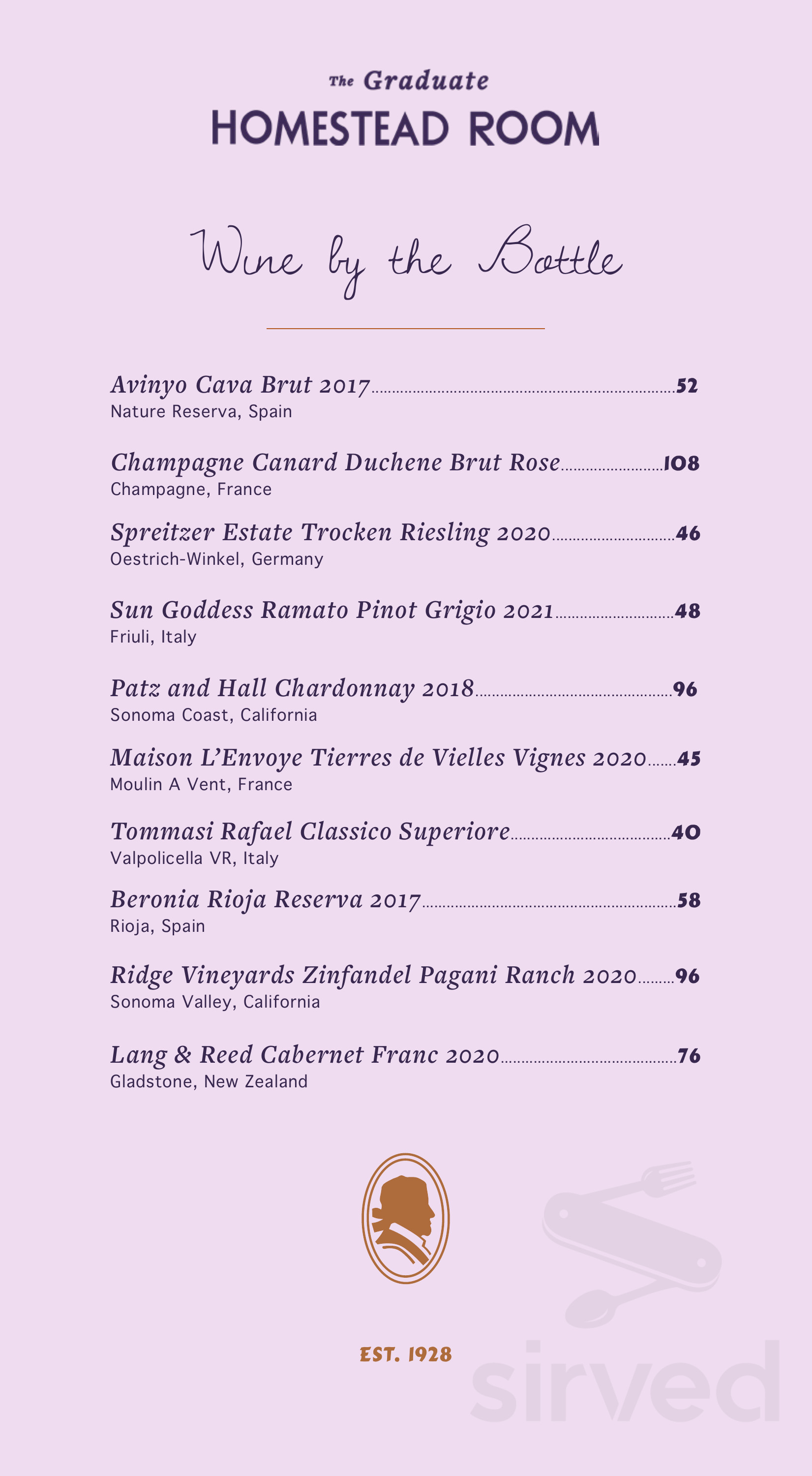 The Graduate Homestead Room menu in Evanston, Illinois, USA
