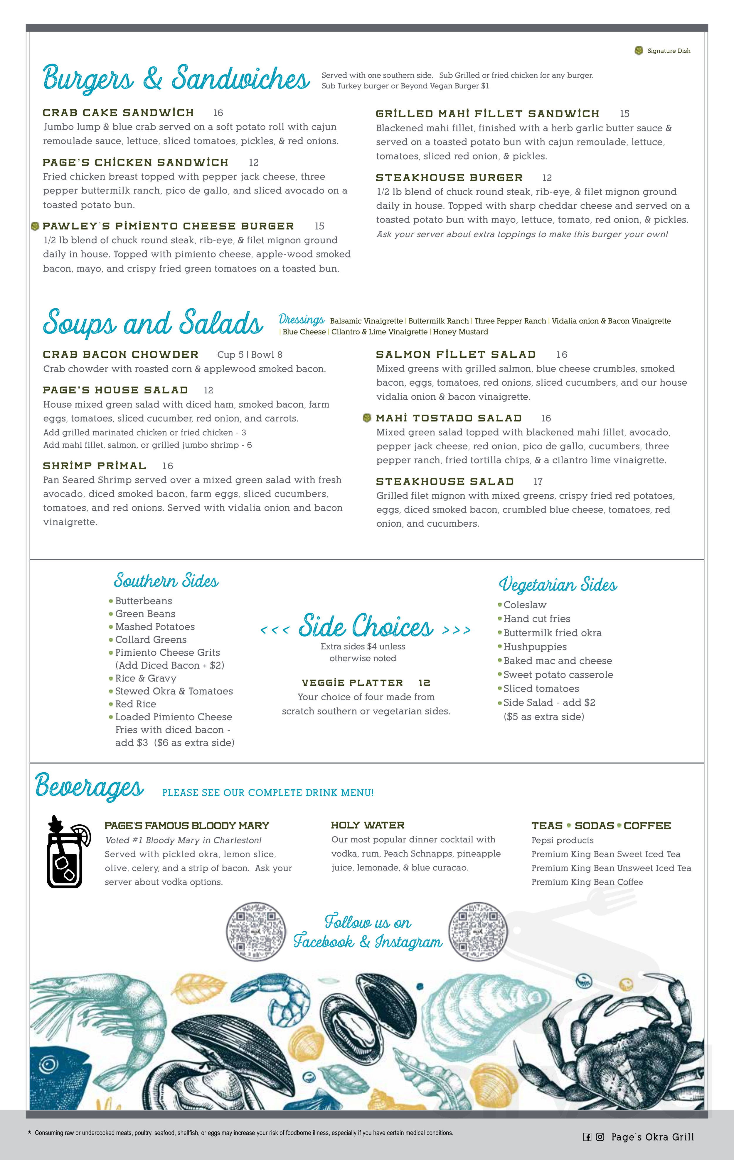 Page's Okra Grill menu in Mt Pleasant, South Carolina, USA