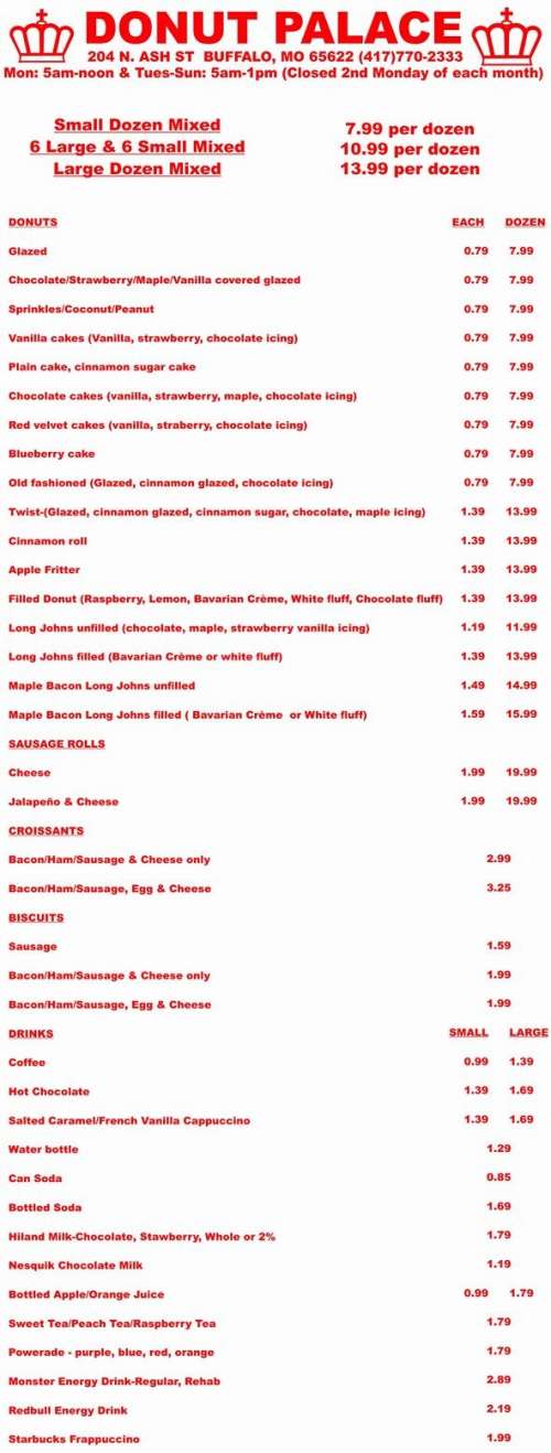 The Donut Palace menu in Buffalo, Missouri, USA