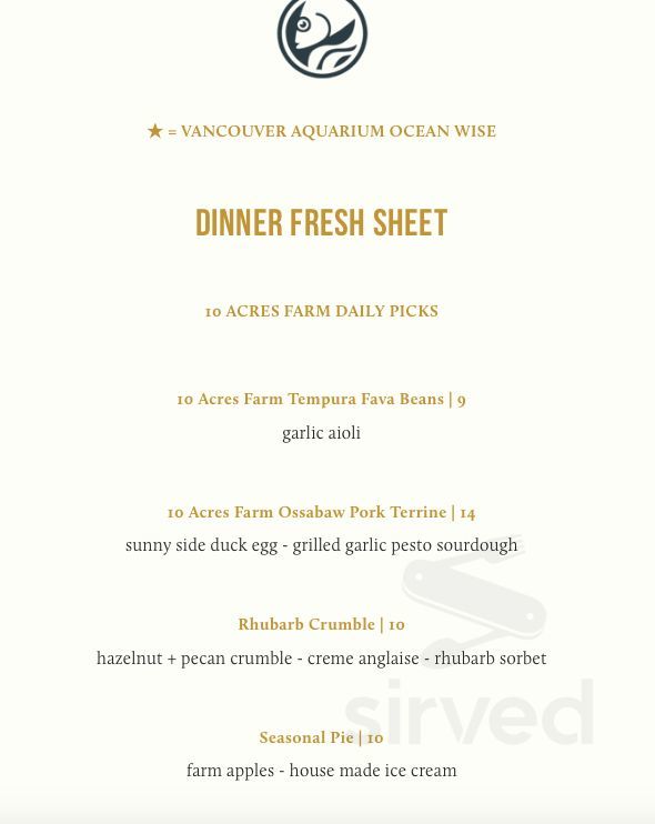 10 Acres at The Pier menus in Sidney, British Columbia, Canada