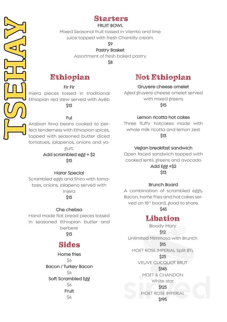 Tsehay Ethiopian Restaurant And Bar menu in 3630 Georgia Ave NW ...