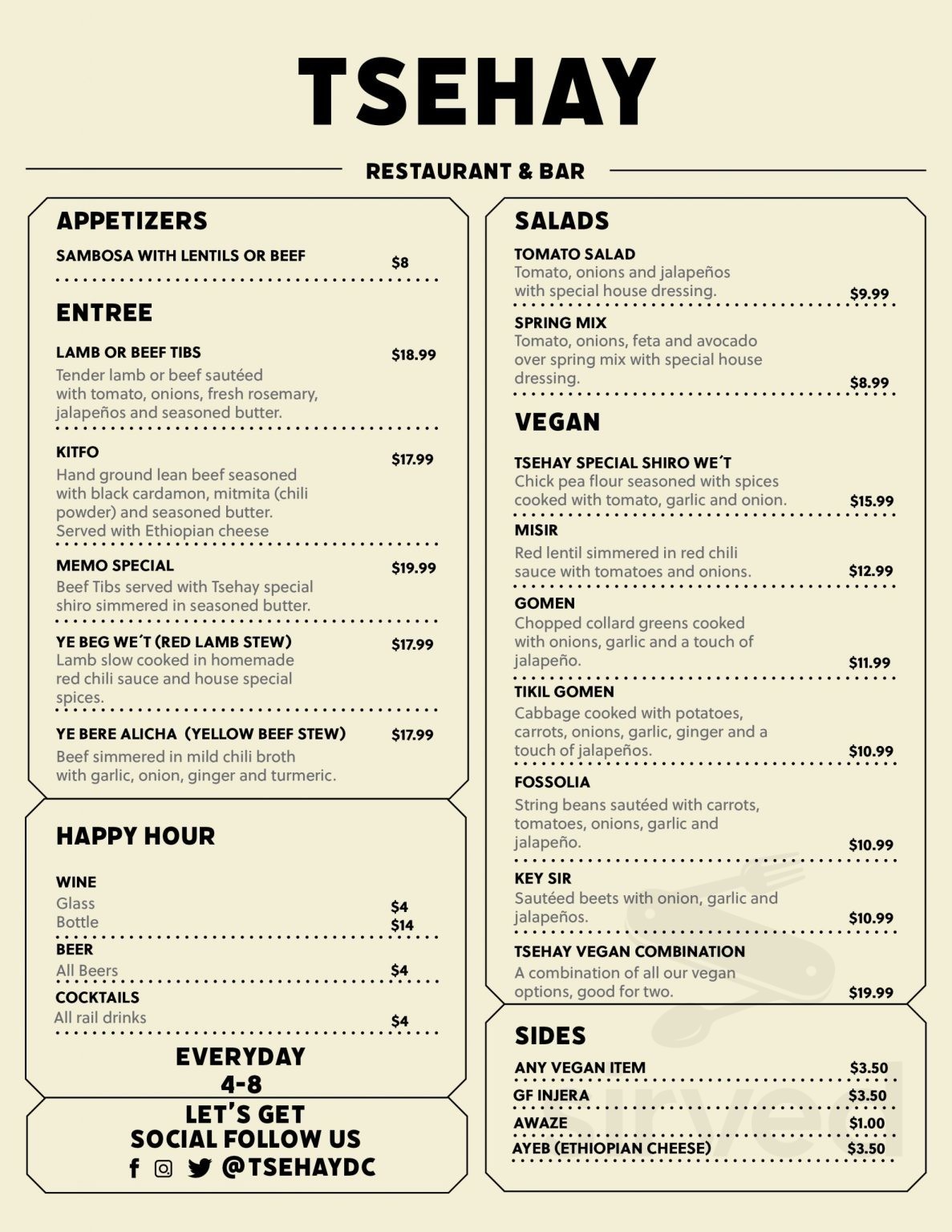 Menu - 3630 Georgia Ave NW WA's Tsehay Ethiopian Restaurant And Bar ...