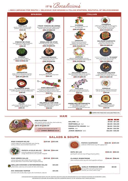 Rigo Spanish Italian restaurant menu in Honolulu, Hawaii, USA