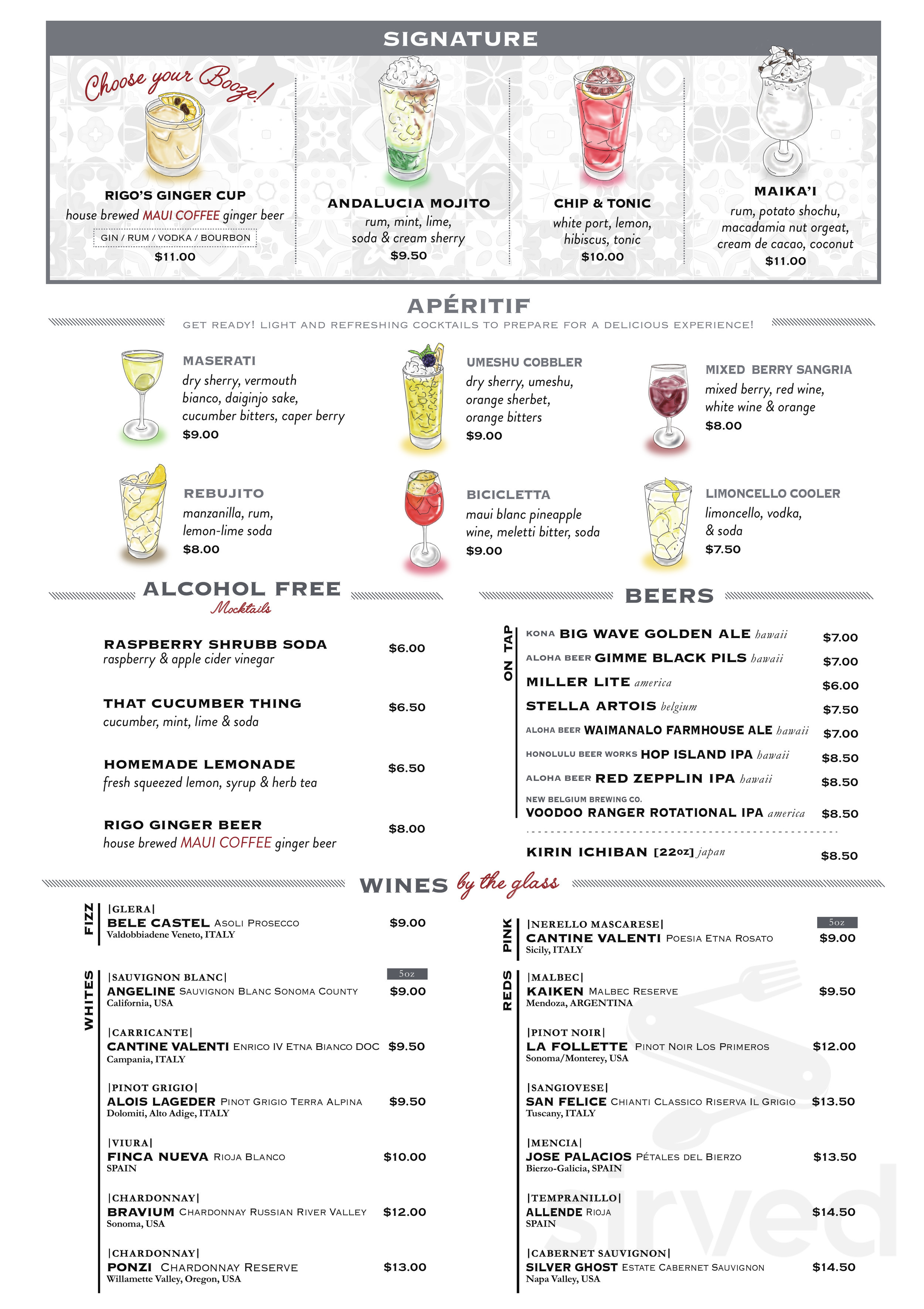 Rigo Spanish Italian restaurant menu in Honolulu, Hawaii, USA