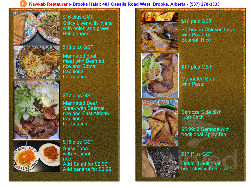 Kawkab: Brooks Halal Restaurant menu in Brooks, Alberta, Canada
