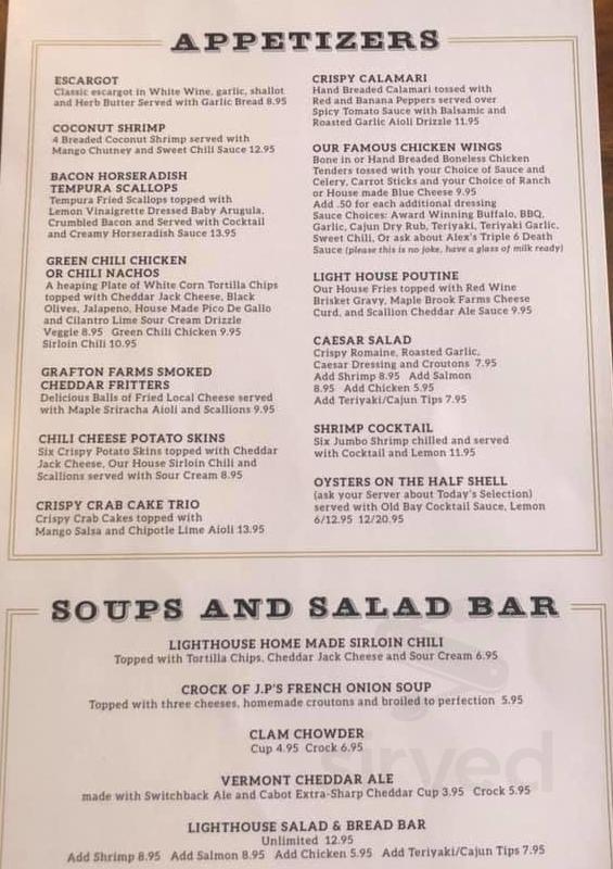 Menu - Colchester VT's The Lighthouse Restaurant and Lounge | Sirved