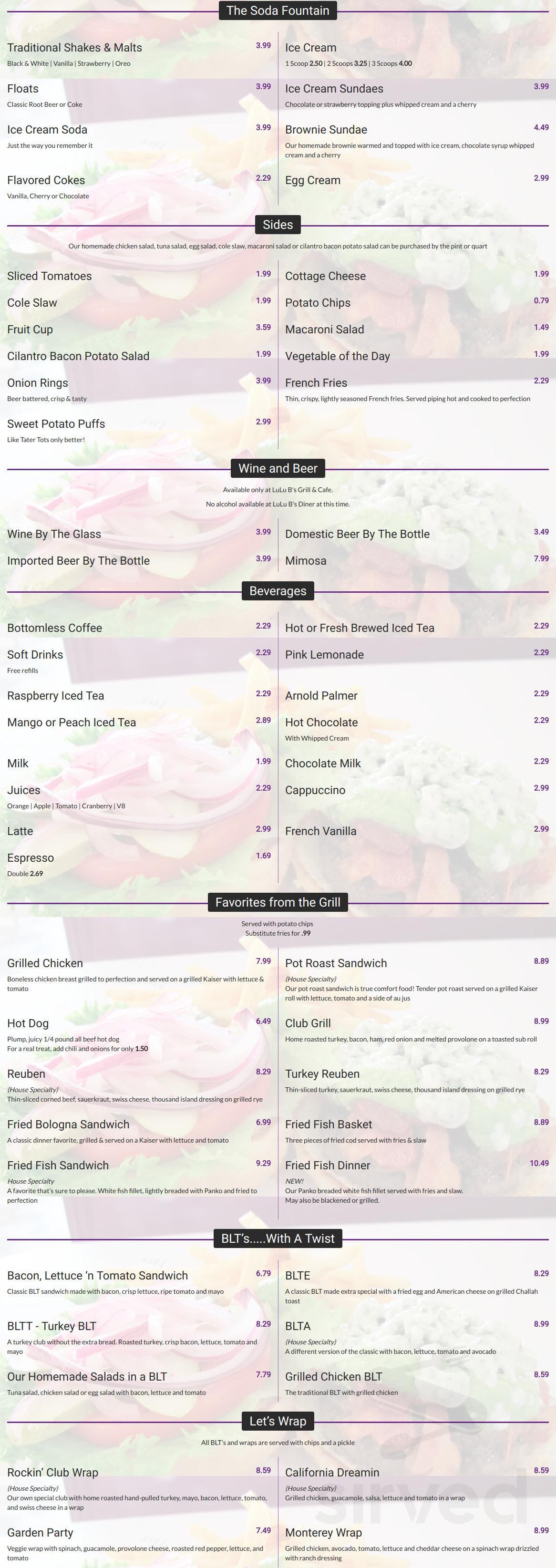 LuLu B's Diner menu in Naples, Florida, USA
