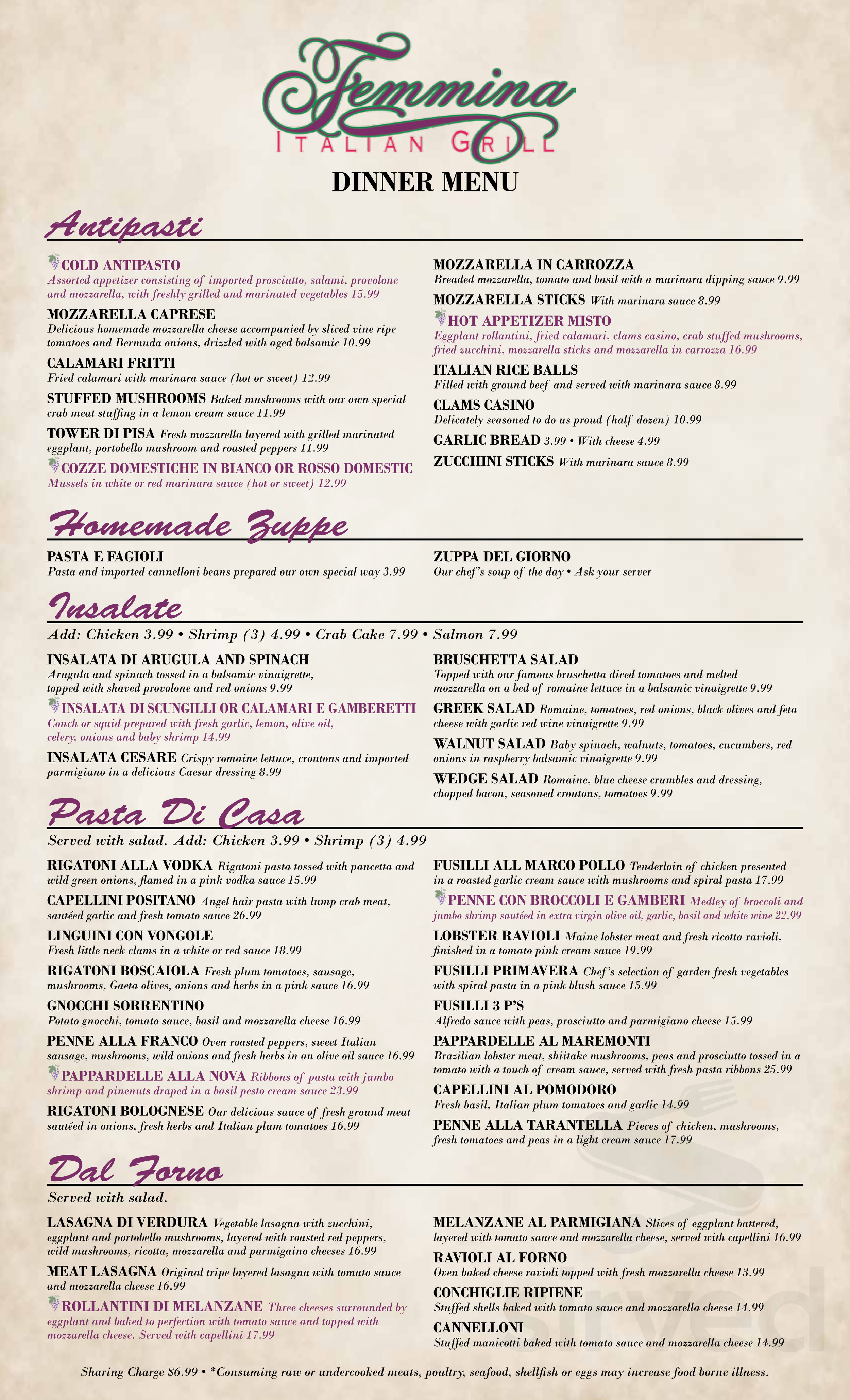 Femmina Italian Grill menu in Medford, New Jersey, USA