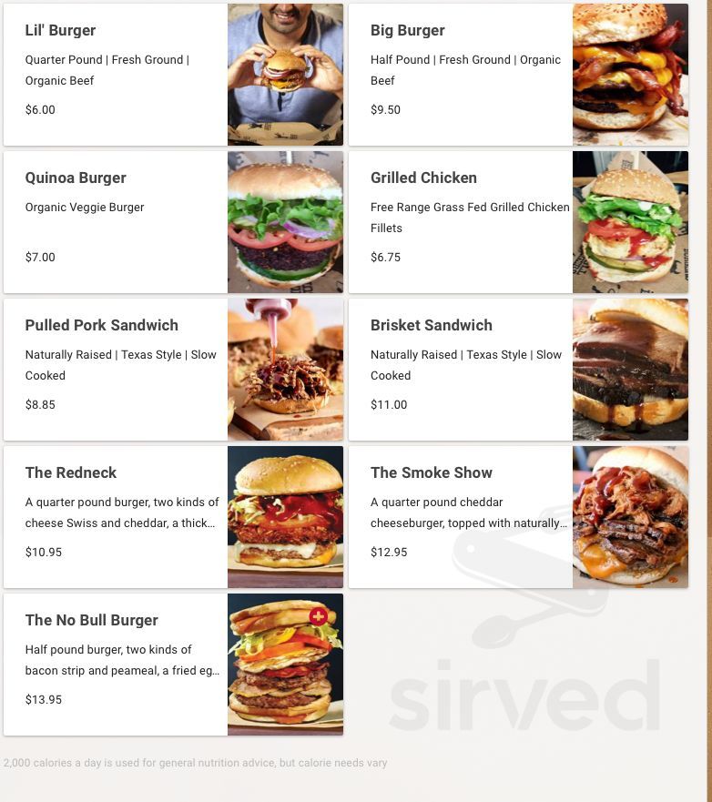 No Bull Burgers menu in Toronto, Ontario, Canada