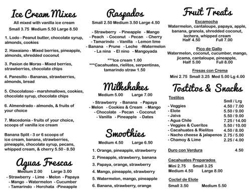 Juice N Fruit Raspados menu in Tucson, Arizona, USA