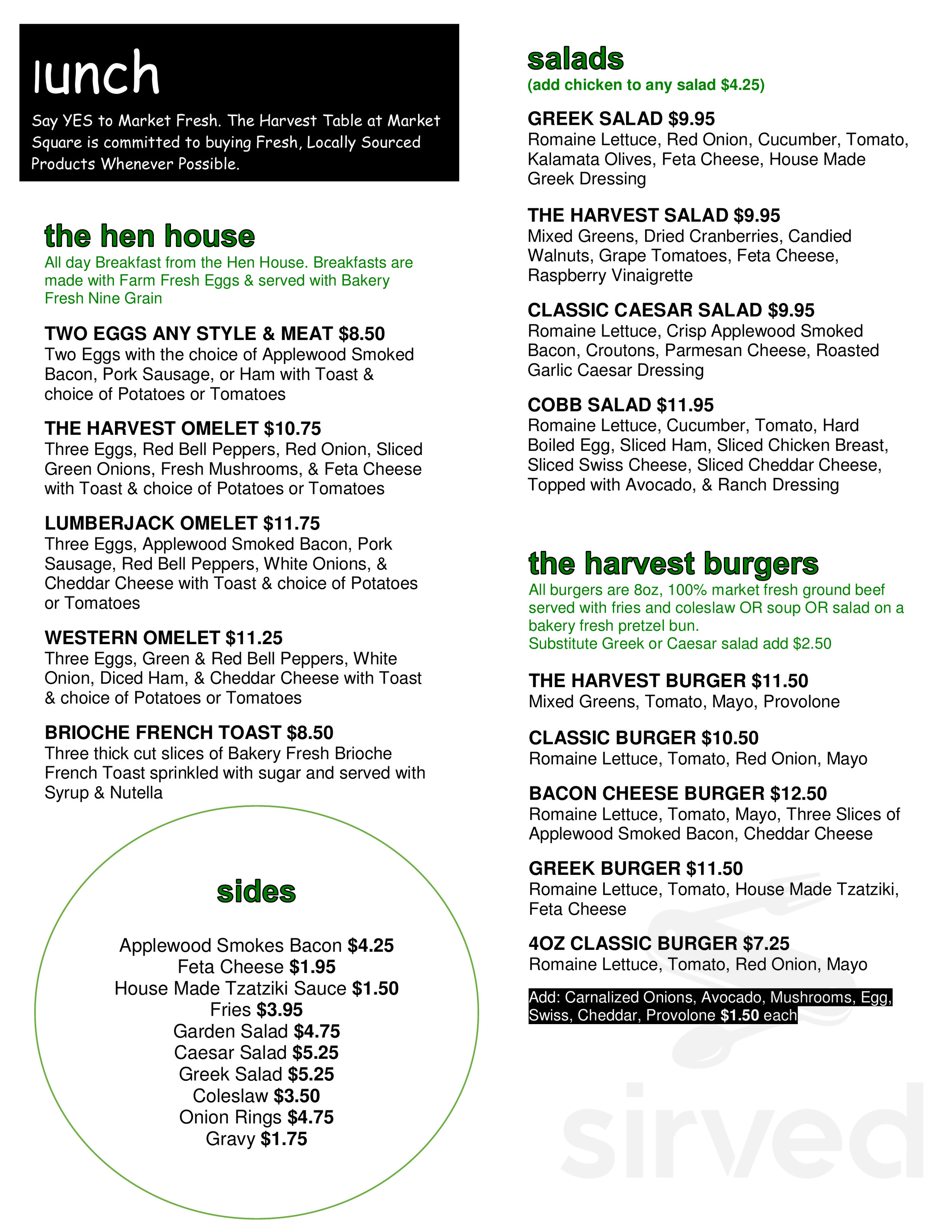 The Harvest Table Restaurant menu in Windsor, Ontario, Canada