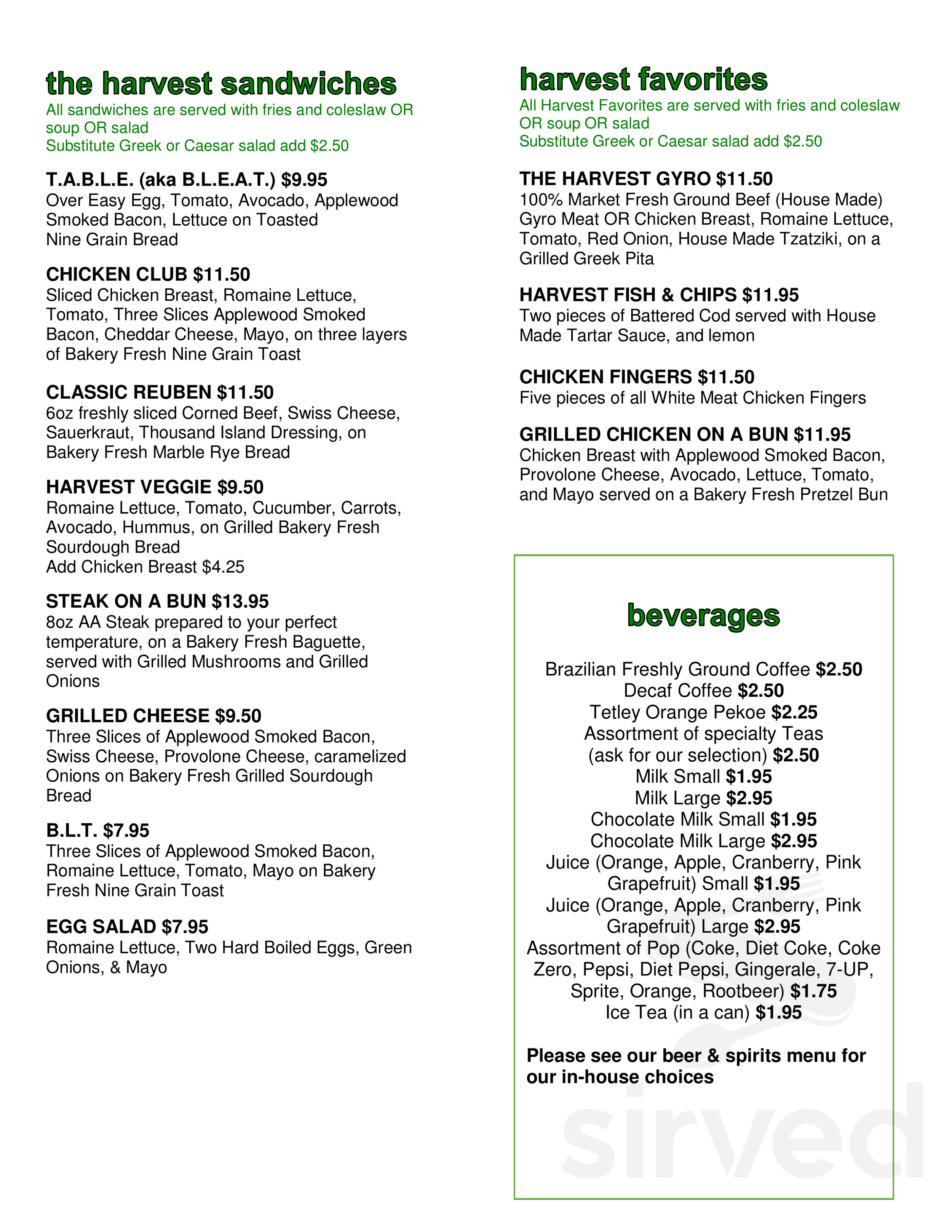 The Harvest Table Restaurant menu in Windsor, Ontario, Canada