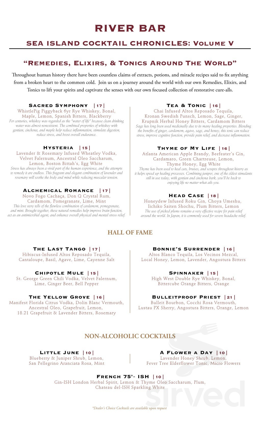 River Bar & Lounge menu in Sea Island, Georgia, USA