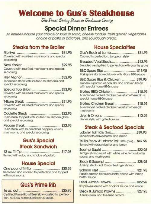 Gus's Steakhouse menu in Sonora, California, USA