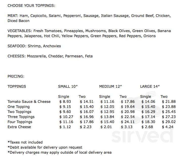 Jim's Pizza menu in Abbotsford, British Columbia, Canada