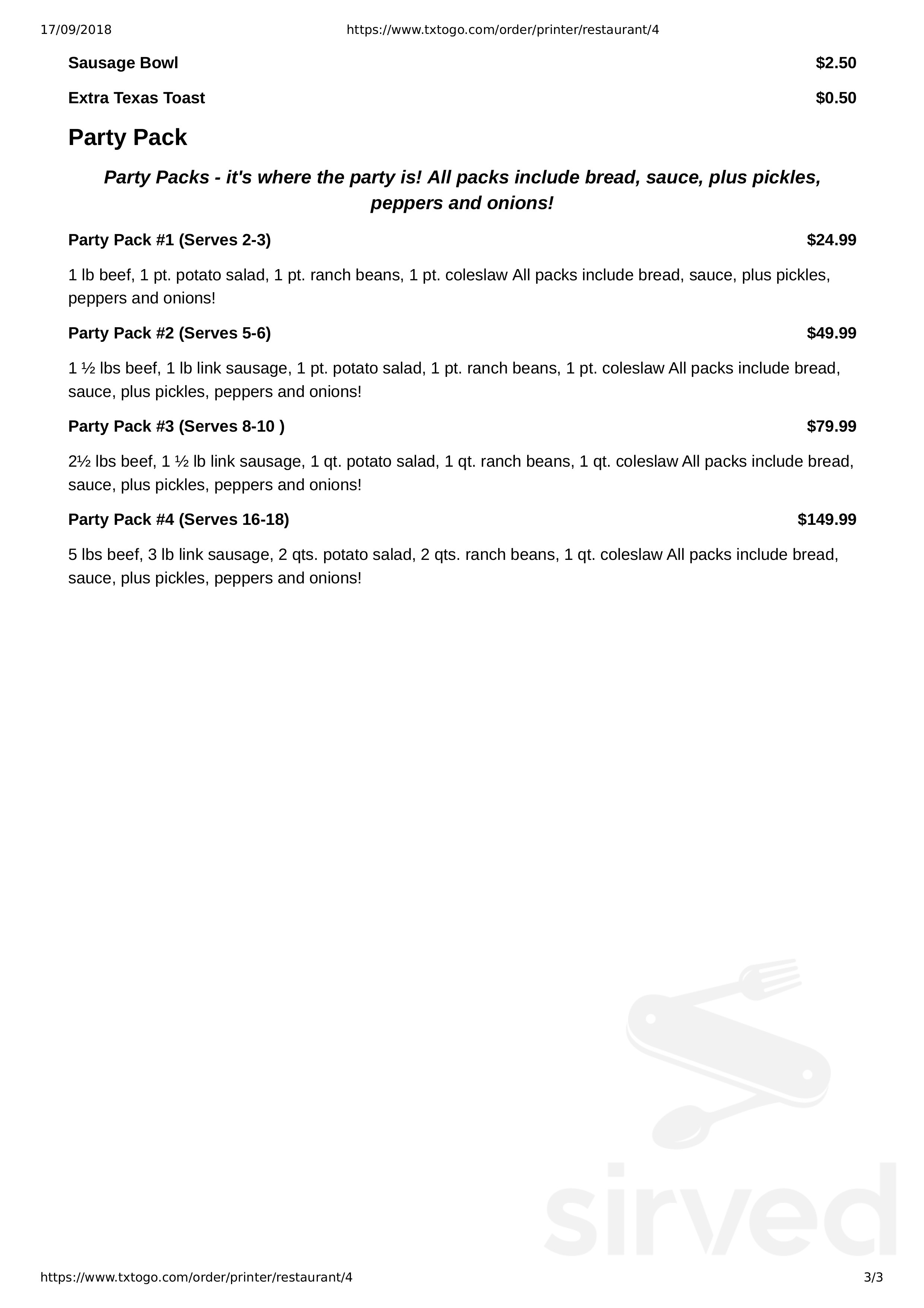 Johnny's BBQ menu in Midland, Texas, USA