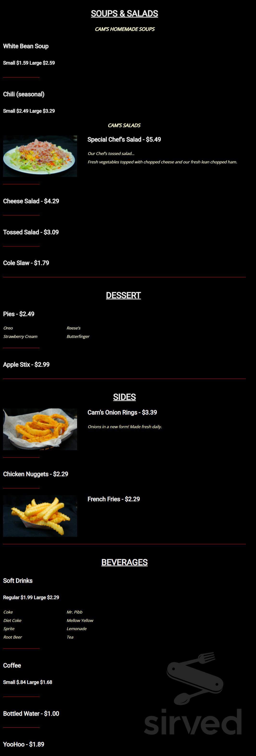 Cam's Ham menu in Huntington, West Virginia, USA