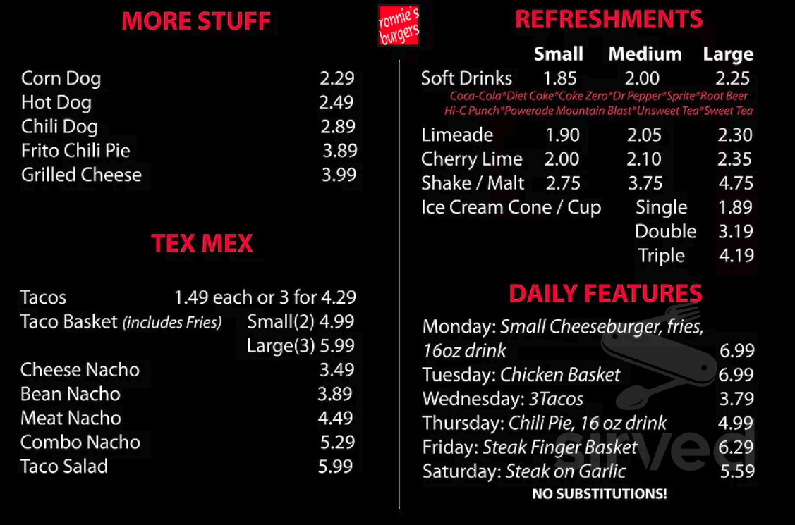 Ronnie's Burgers menu in Wichita Falls, Texas, USA