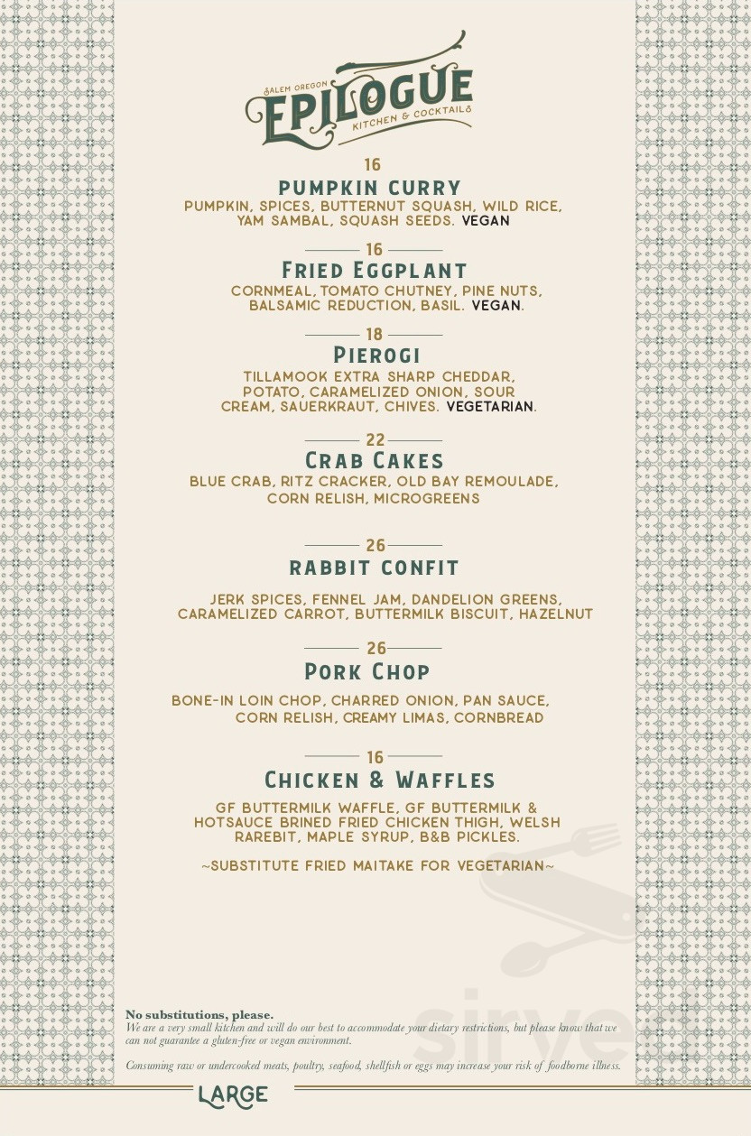 Epilogue Kitchen and Cocktails menu in Salem, Oregon, USA