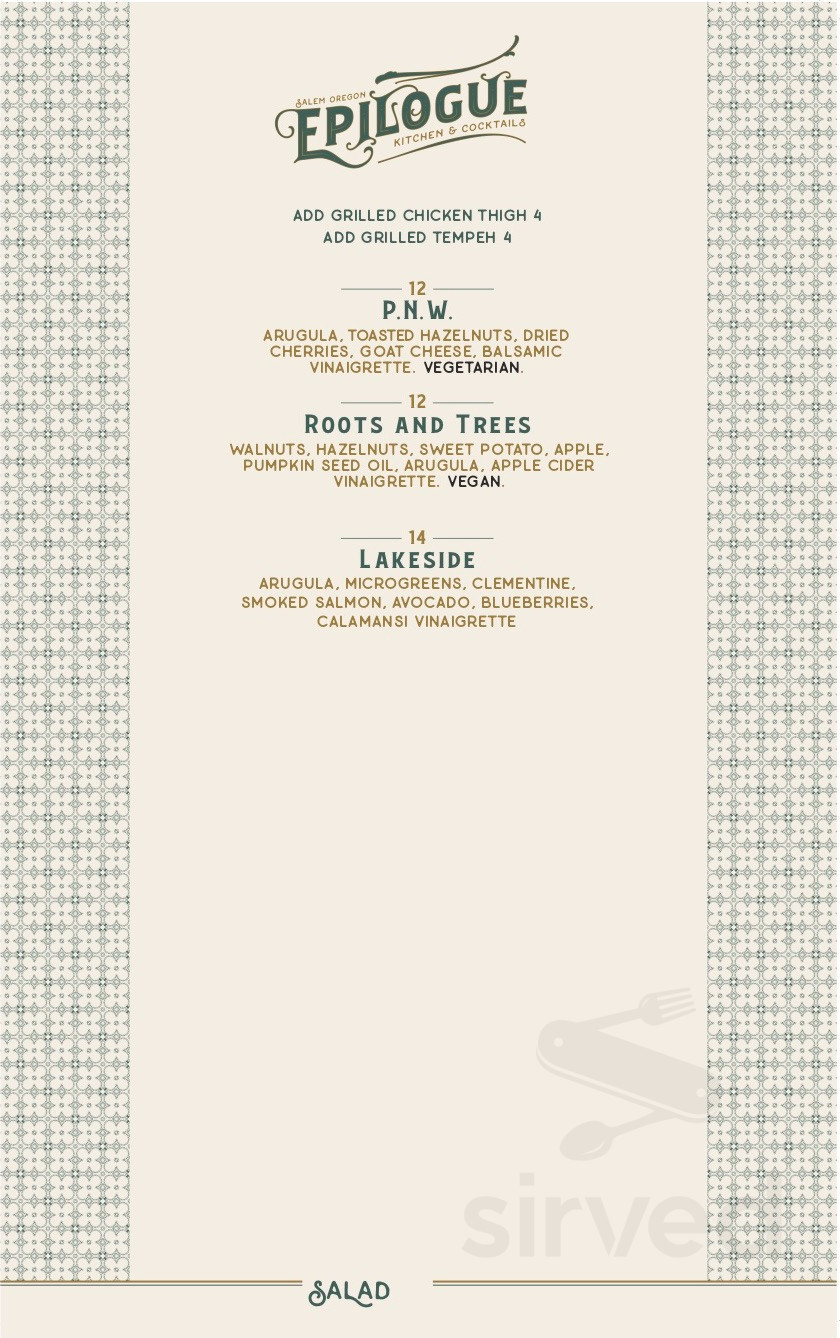 Epilogue Kitchen and Cocktails menu in Salem, Oregon, USA