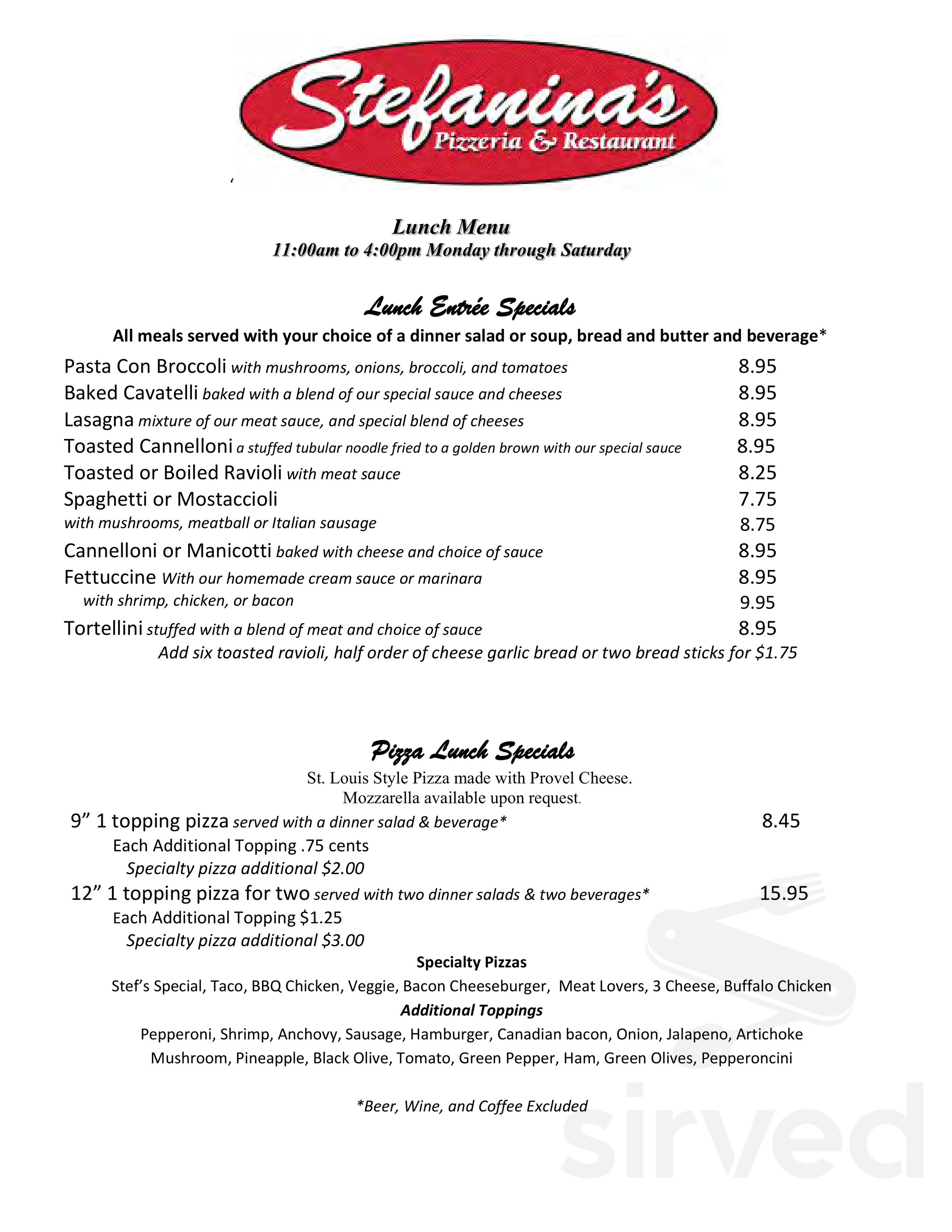 Menu for Stef's Pizza Jungermann in St Peters, MO | Sirved