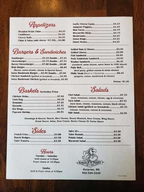 Eagle's Nest menu in Surprise, Nebraska, USA