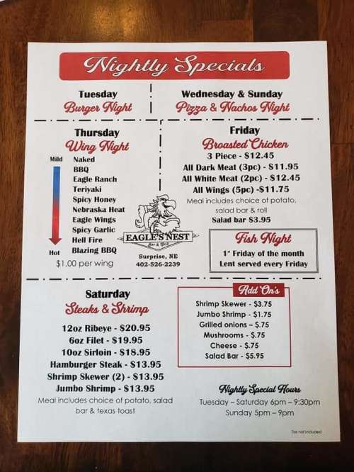 Eagle's Nest menu in Surprise, Nebraska, USA