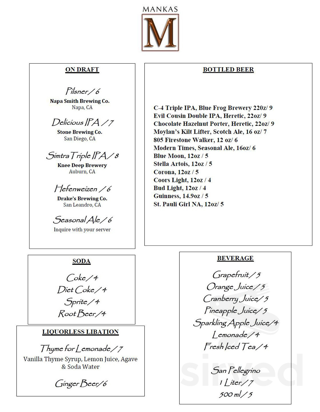 Mankas Grill menu in Fairfield, California, USA