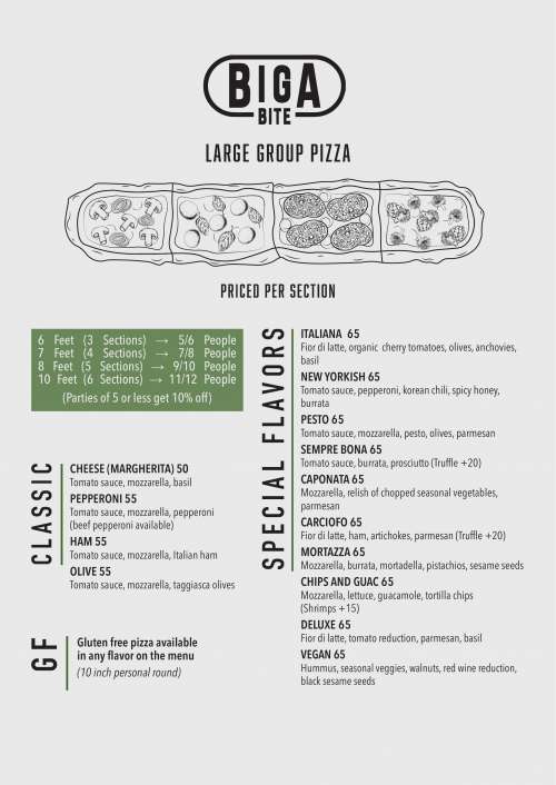 Biga Bite menu in New York, New York, USA