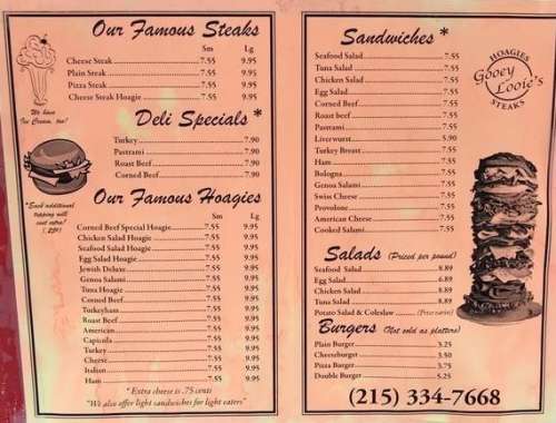 Gooey Looies menu in Philadelphia, Pennsylvania, USA