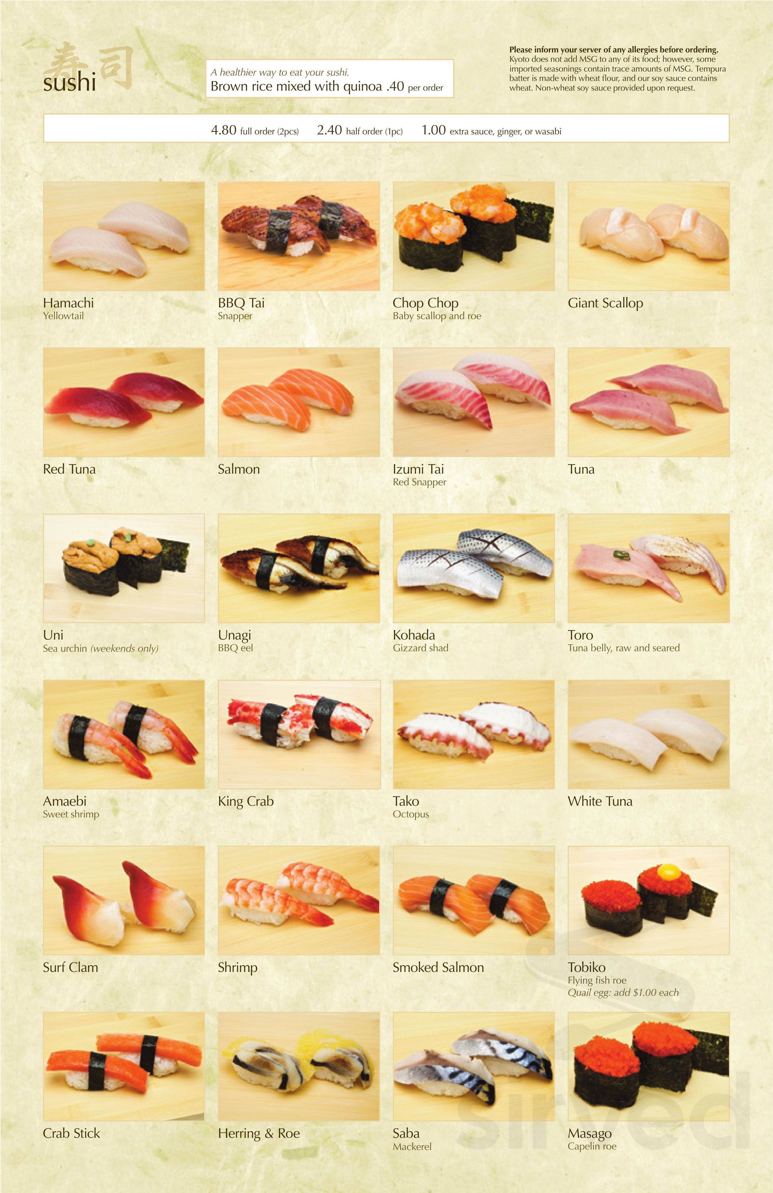 Tanuki Kyoto Sushi menu in Edmonton, Alberta, Canada