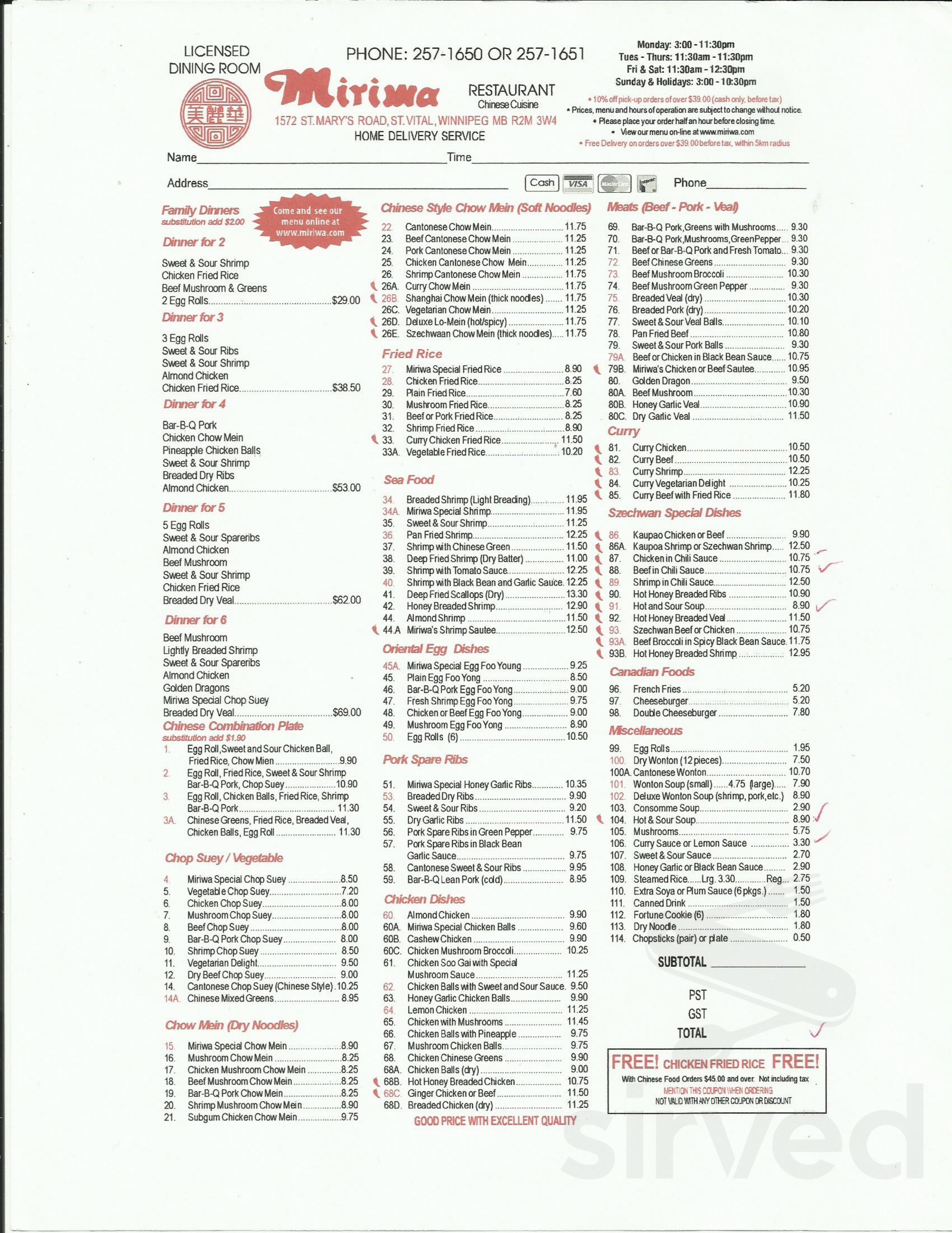 Menu for Miriwa Restaurant in Winnipeg, MB | Sirved
