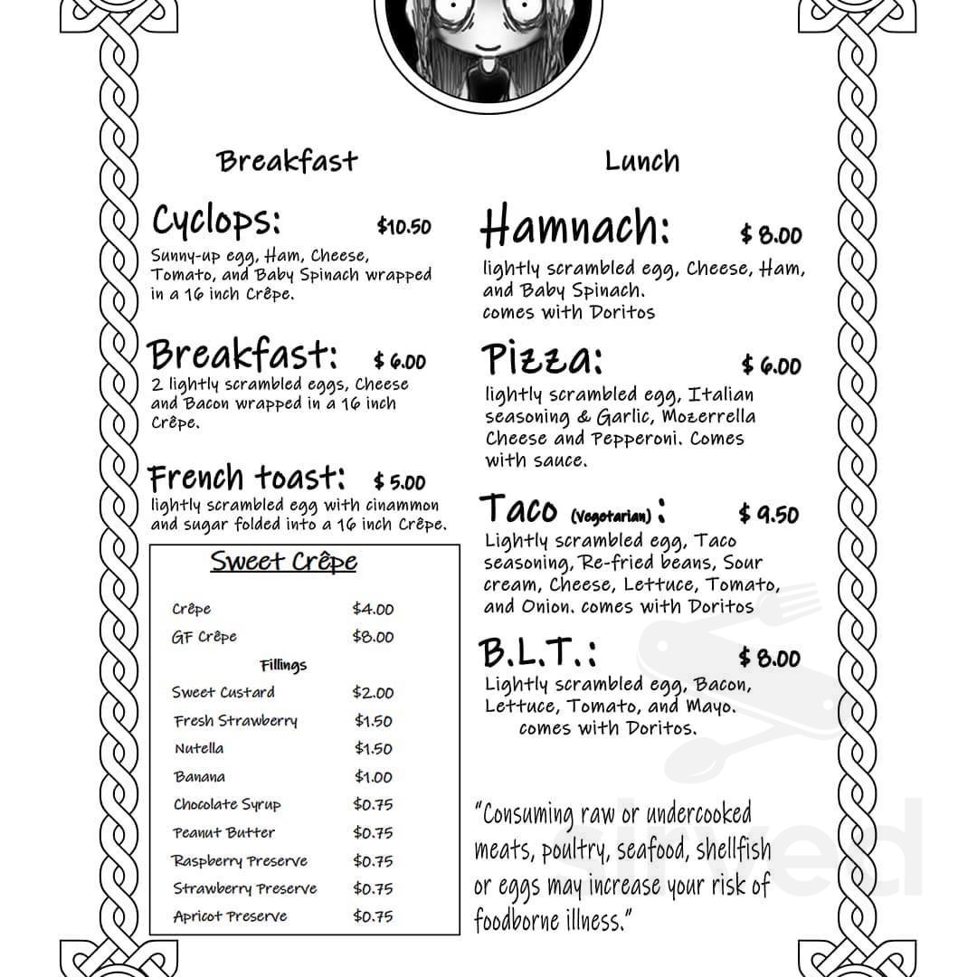 The Creepy Crepe menu in Colorado Springs, Colorado, USA