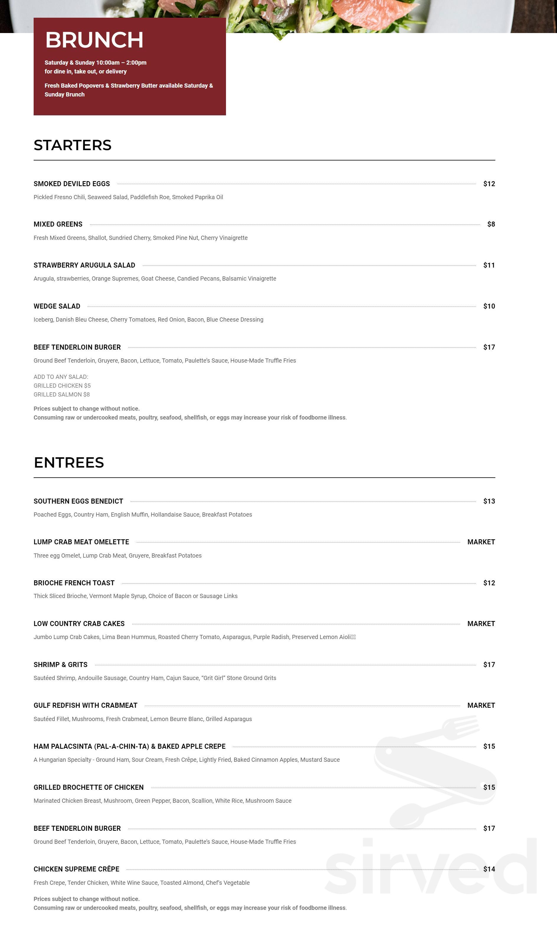 Menu - Memphis TN's Paulette's Restaurant | Sirved