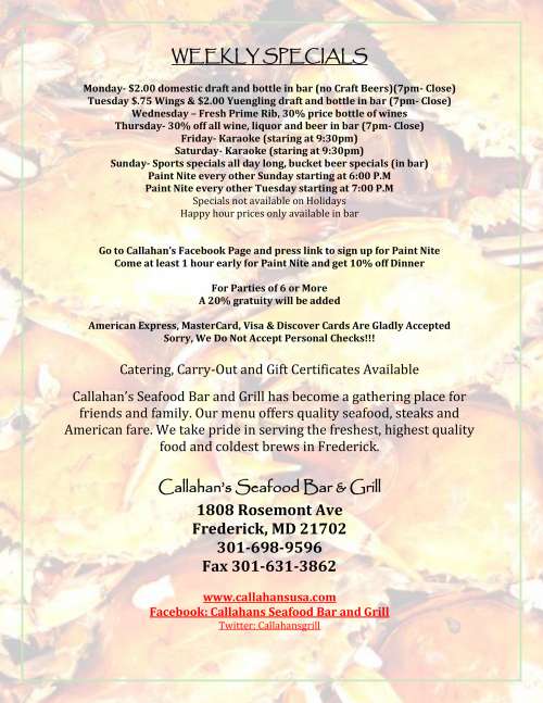 Callahan's Seafood Bar & Grill menu in Frederick, Maryland, USA