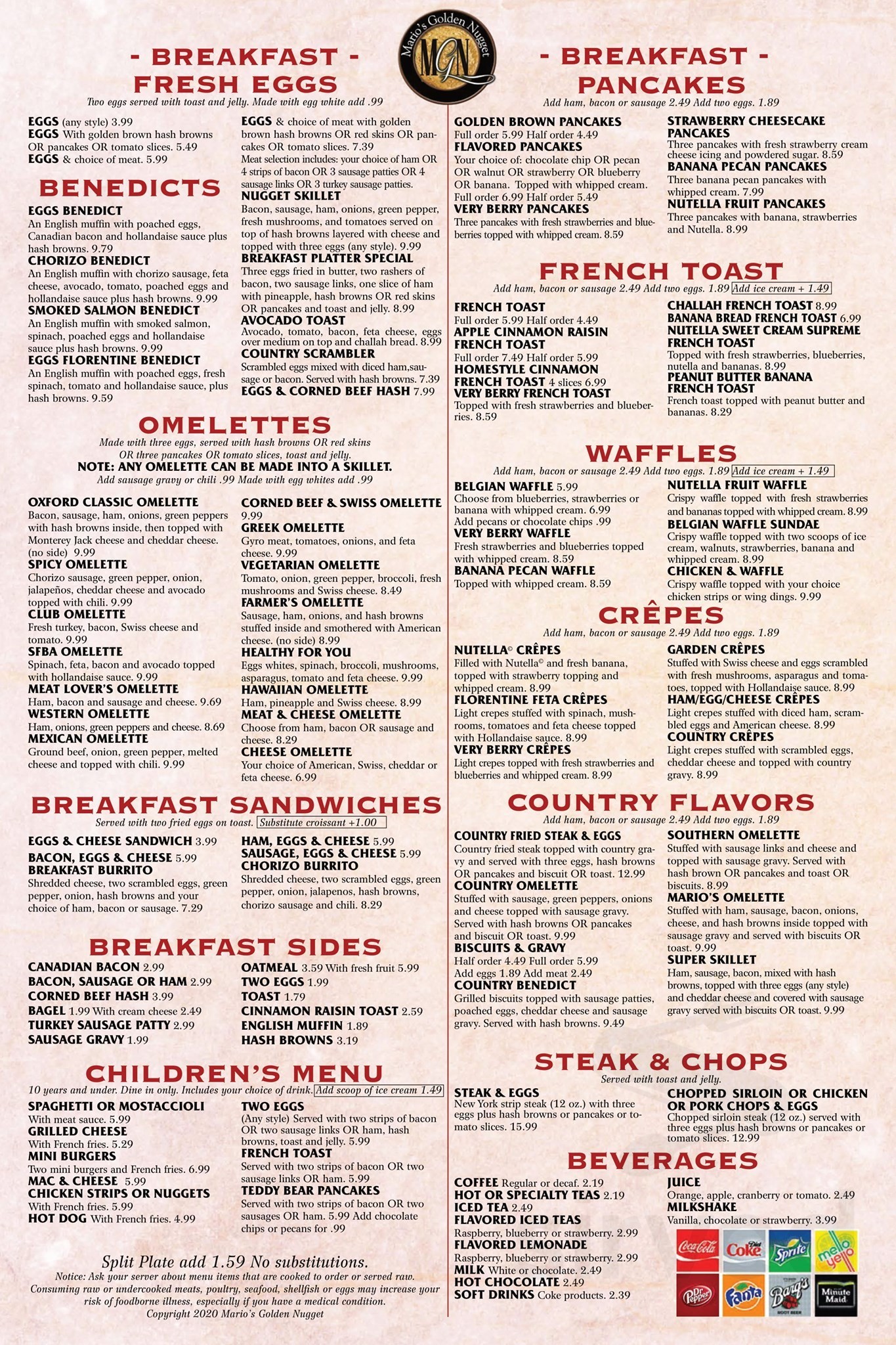 Mario's Golden Nugget menus in Oxford, Michigan, United States