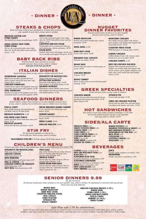 Mario's Golden Nugget menu in Oxford, Michigan, USA