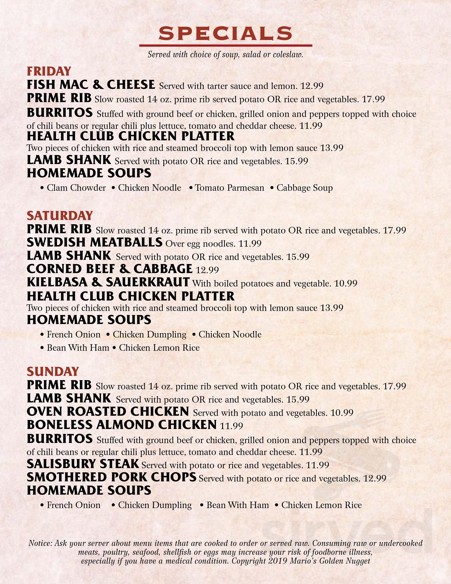 Mario's Golden Nugget menus in Oxford, Michigan, United States