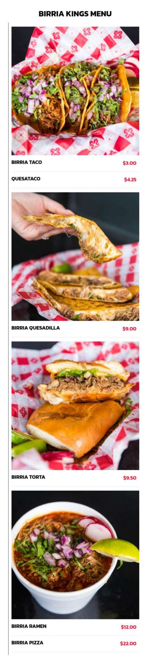 Birria Kings menu in Chula Vista, California, USA