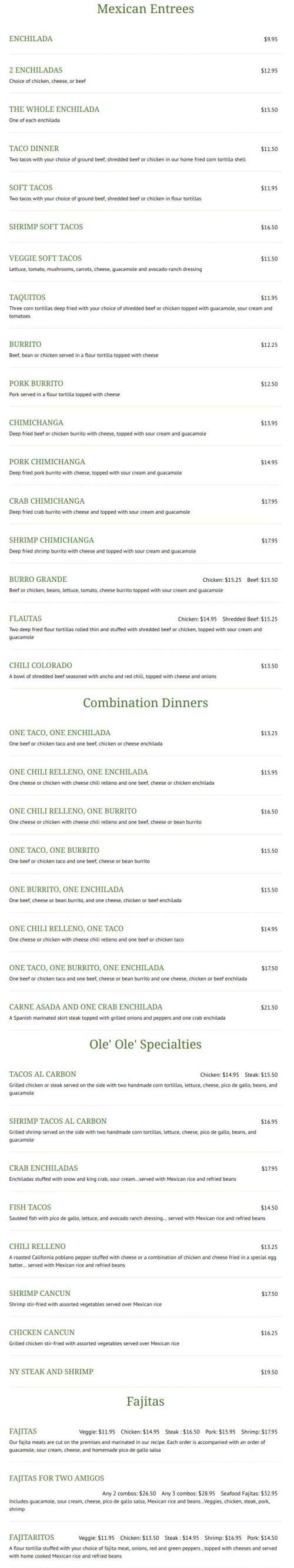 Ole' Ole' Mexican Grill & Cantina Restaurant menu in Plantation ...