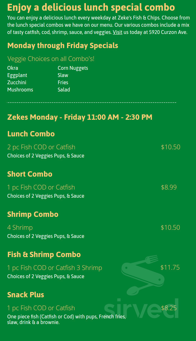 Zeke's Fish n Chips menu in Fort Worth, Texas, USA