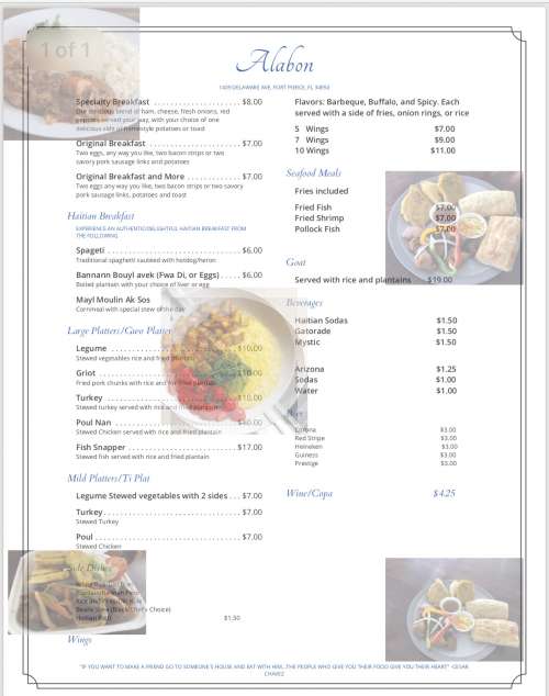 Alabon Haitian Restaurant menu in Fort Pierce, Florida, USA